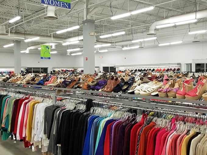 Inside, endless racks create a rainbow of possibilities where yesterday's fashion becomes today's perfect find for savvy shoppers.