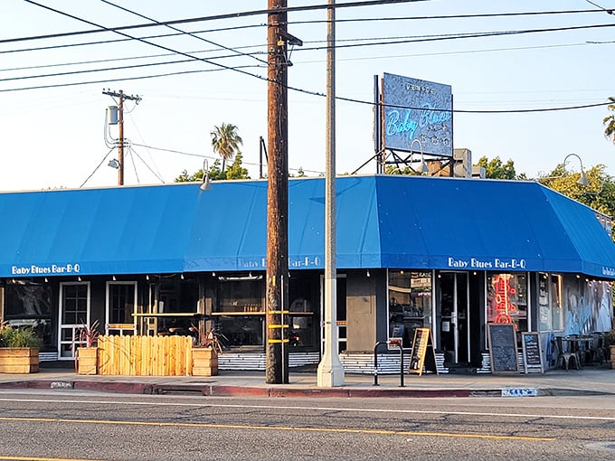 Blue skies, blue building, and BBQ that'll give you the happiest kind of blues you've ever experienced.
