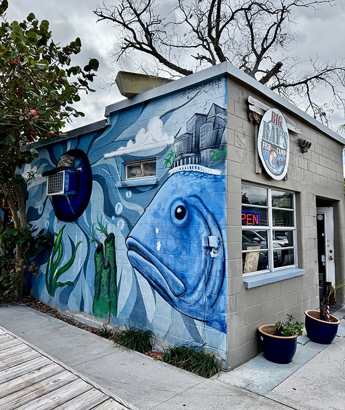 That fish mural isn't just decoration—it's advertising! Big Ray's wears its seafood passion on its sleeve (or rather, its wall). Art you can eat!