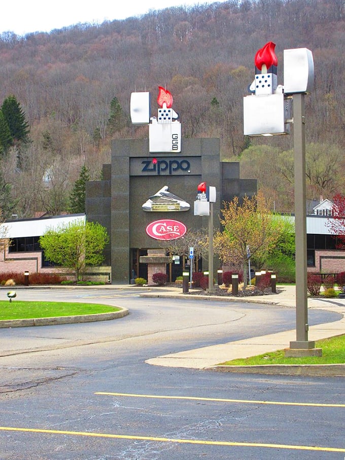 Giant Zippo lighters mark this town's claim to fame, proving that even practical items deserve monumental recognition.