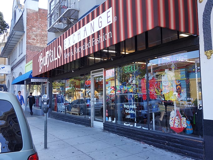 Behind these windows lie racks of curated fashion finds. Buffalo Exchange isn't just shopping—it's a treasure hunt with style points.
