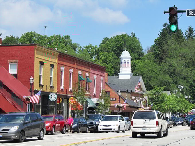 Tree-canopied streets in Chagrin Falls create natural tunnels of tranquility where time moves at walking pace.