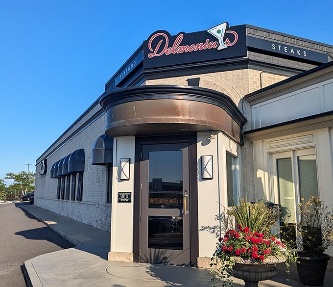 Blue skies and premium beef—a match made in Ohio heaven. Delmonico's welcomes steak enthusiasts with flower pots and sizzling promises.