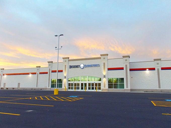 As evening approaches, Deseret Industries glows with possibility—each entrance a portal to unexpected discoveries and wallet-friendly wonders.
