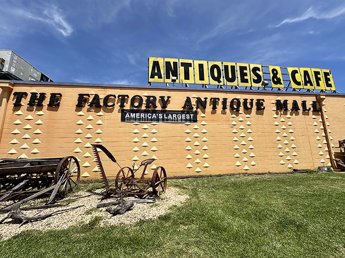 The Factory Antique Mall's bright orange exterior is like a vintage Cheeto – bold, unapologetic, and impossible to miss.