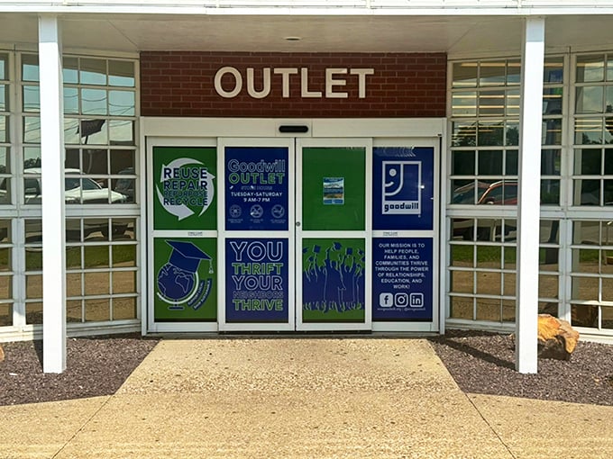 "You Thrift, You Thrive" - Goodwill's clever door messaging says it all. The entrance to bargain heaven awaits!