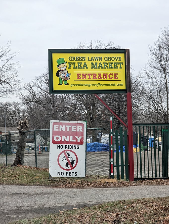 That little green-hatted fellow isn't just a mascot—he's guarding the gateway to vintage heaven at Greenlawn Grove.