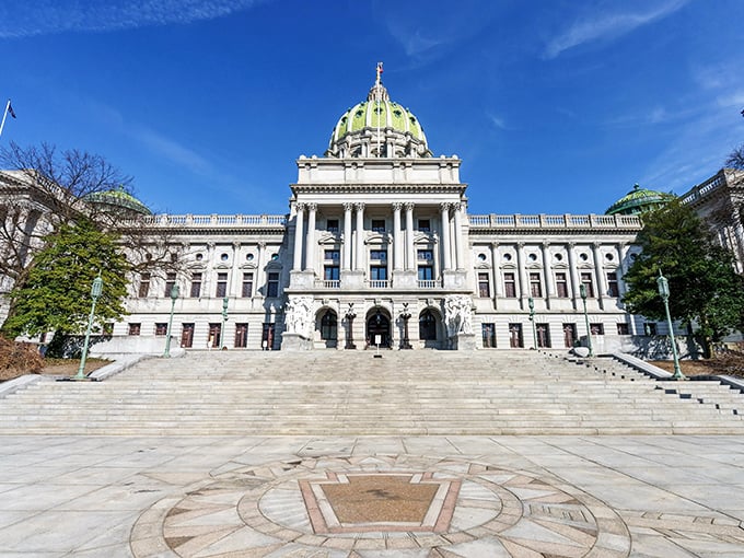 Majestic steps lead to Harrisburg's Capitol building, where retirees can enjoy state-level amenities with small-town price tags.