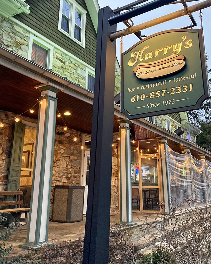 Evening lights transform this historic building into a magical dining experience. Who knew hot dogs could come with such atmosphere?