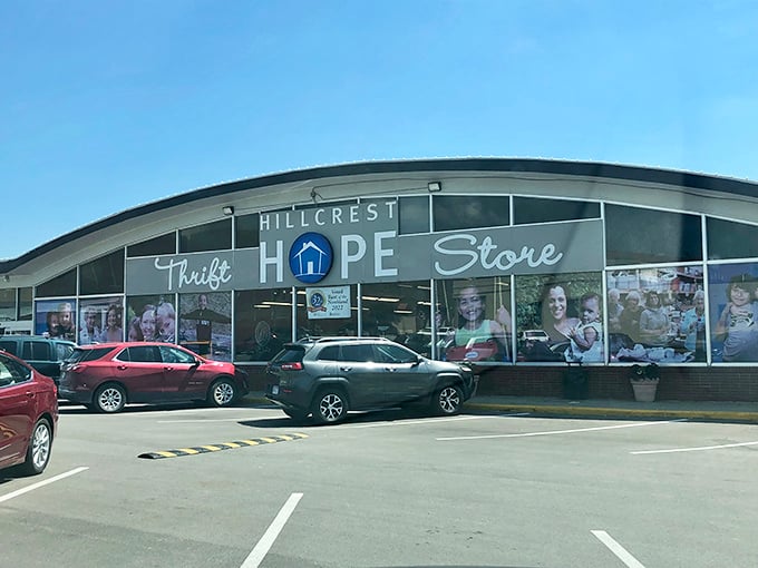 The impressive storefront hints at the clothing treasures waiting inside this thrift wonderland.