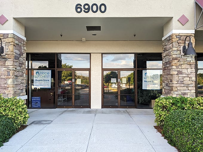 Stone accents and professional signage give Hope Chest a boutique feel. Cancer patients benefit while you score designer deals!
