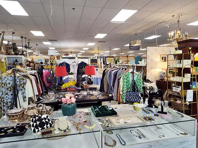 Chandeliers and charm collide! This organized wonderland makes treasure hunting feel like shopping in your stylish aunt's closet.