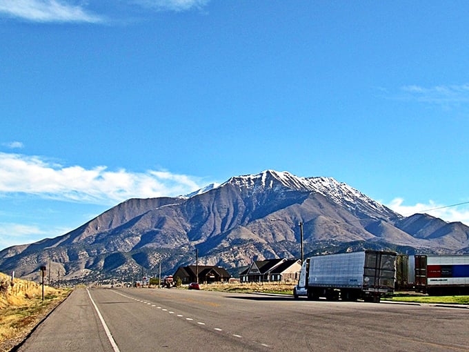 Nephi's main drag sits nestled against dramatic mountain backdrops – nature's million-dollar view at small-town prices.