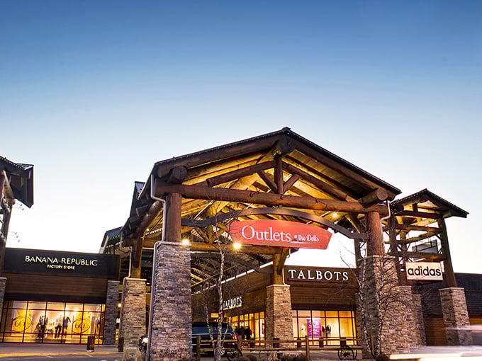 Massive timber beams and stone pillars—this is what happens when Paul Bunyan designs an outlet mall!