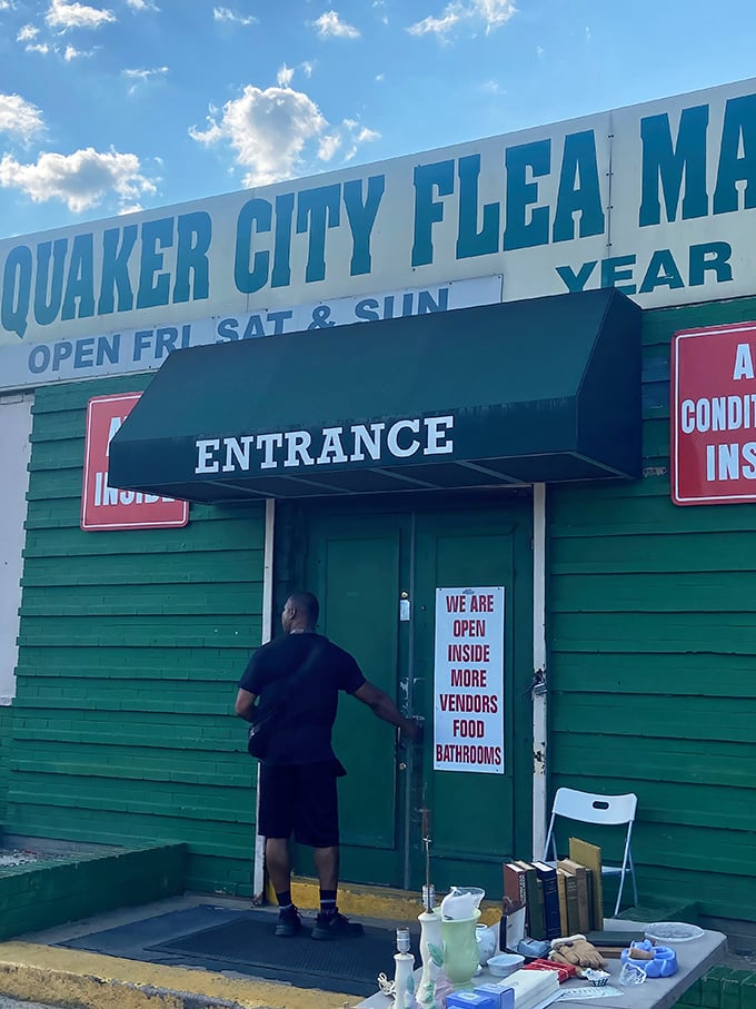 Step through these doors and enter a bargain hunter's paradise! Quaker City Flea Market welcomes shoppers with promises of hidden gems inside.