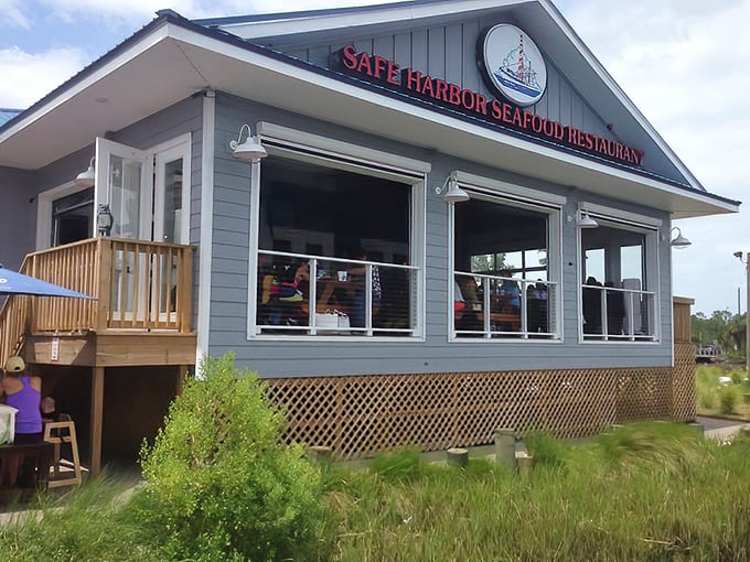 The blue and red trim says "maritime classic." Inside, the seafood speaks a language everyone understands: delicious.