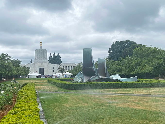 The Oregon State Capitol grounds provide a peaceful green space where history and natural beauty converge.