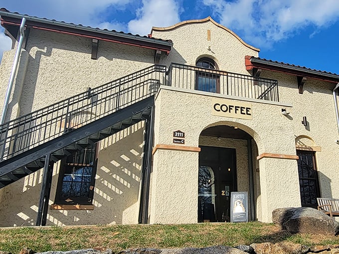 The "COFFEE" sign might as well say "HAPPINESS" – because that's what's brewing inside this architectural gem.