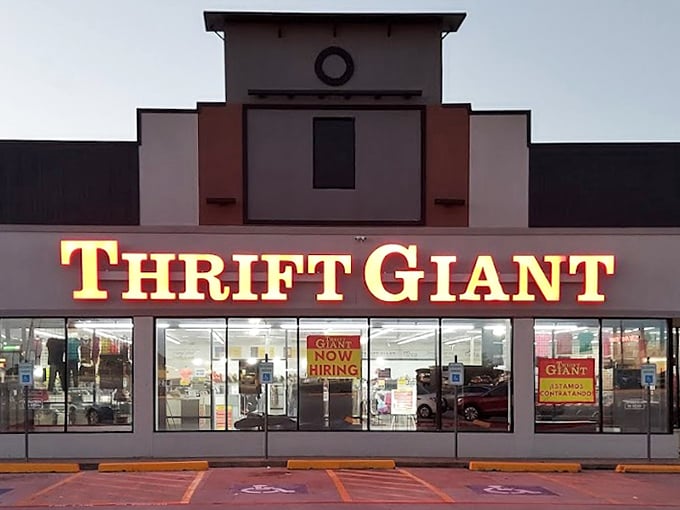 Evening shopping at Thrift Giant – where the "Now Hiring" signs remind us these treasure troves need treasure keepers too.