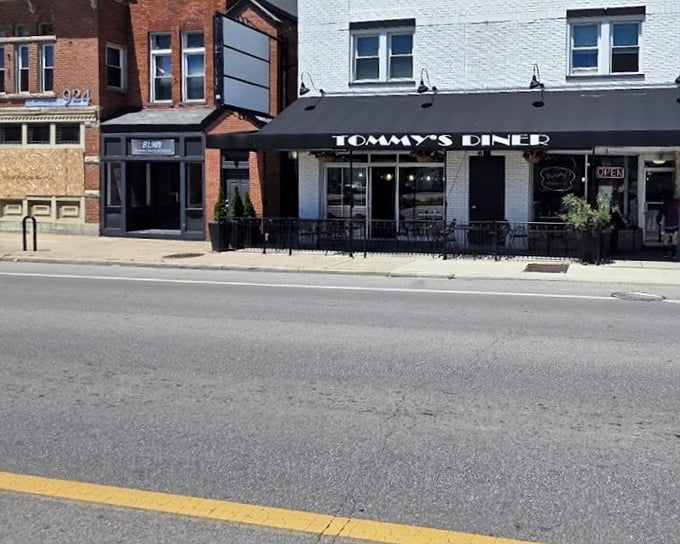 Classic black and white storefront with a touch of urban charm. Tommy's isn't just a diner—it's a Columbus institution!