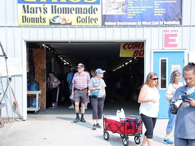 Smart shoppers know that red wagons and community spirit create the perfect treasure-hunting combination here.