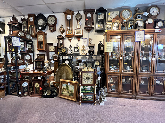 Wall-to-wall timekeepers create a clockwork symphony. In this corner of Naples, it's always time to appreciate craftsmanship.