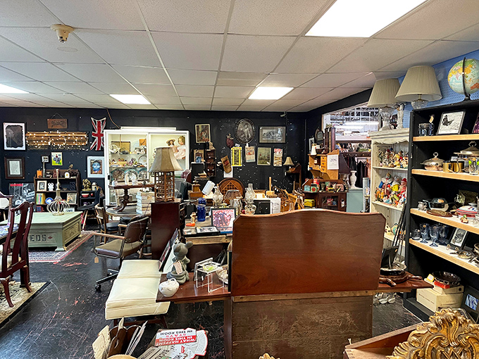 This booth looks like what would happen if James Bond's study had a wild weekend with a British pub. Eclectic treasures await at every turn.