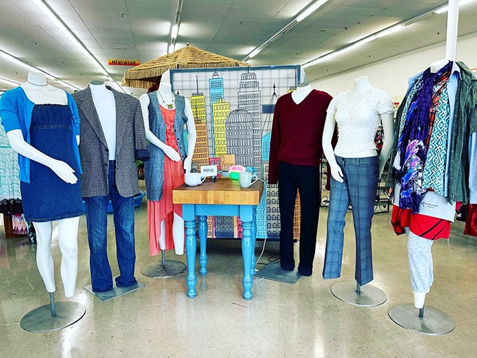 Fashion's greatest hits displayed with urban flair. That blue table has probably supported more outfit changes than a Broadway production.