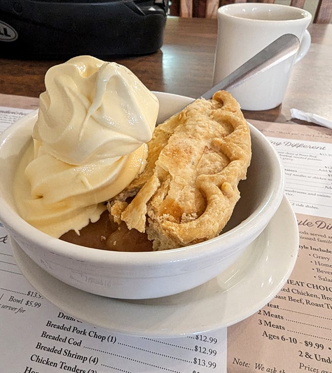 Apple pie à la mode – where vanilla ice cream slowly melts into warm cinnamon-spiced apples tucked inside that perfect flaky crust.