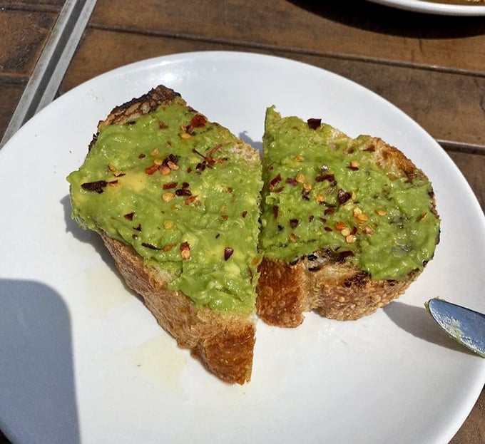 Avocado toast that makes millennials' obsession completely understandable. That sprinkle of red pepper flakes is the jewelry this creamy green masterpiece deserves.