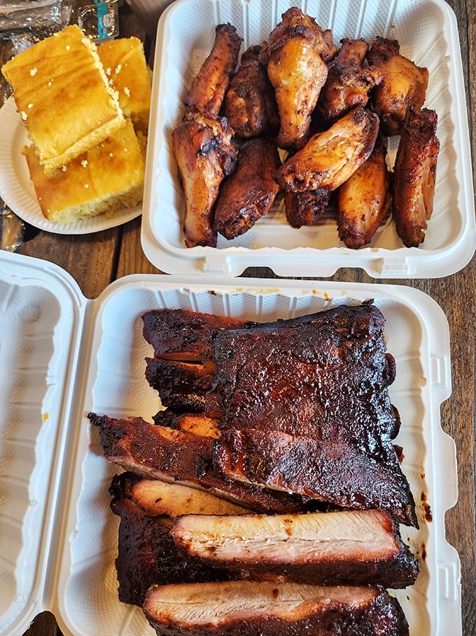 These wings and ribs aren't just cooked—they're transformed. The cornbread alongside is the supporting actor that deserves its own Oscar.