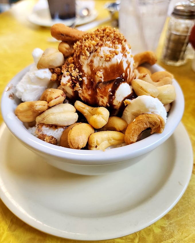 Behold the legendary Banana Caramel Sundae in all its glory. Those cashews aren't just toppings—they're the crown jewels of this frozen masterpiece.