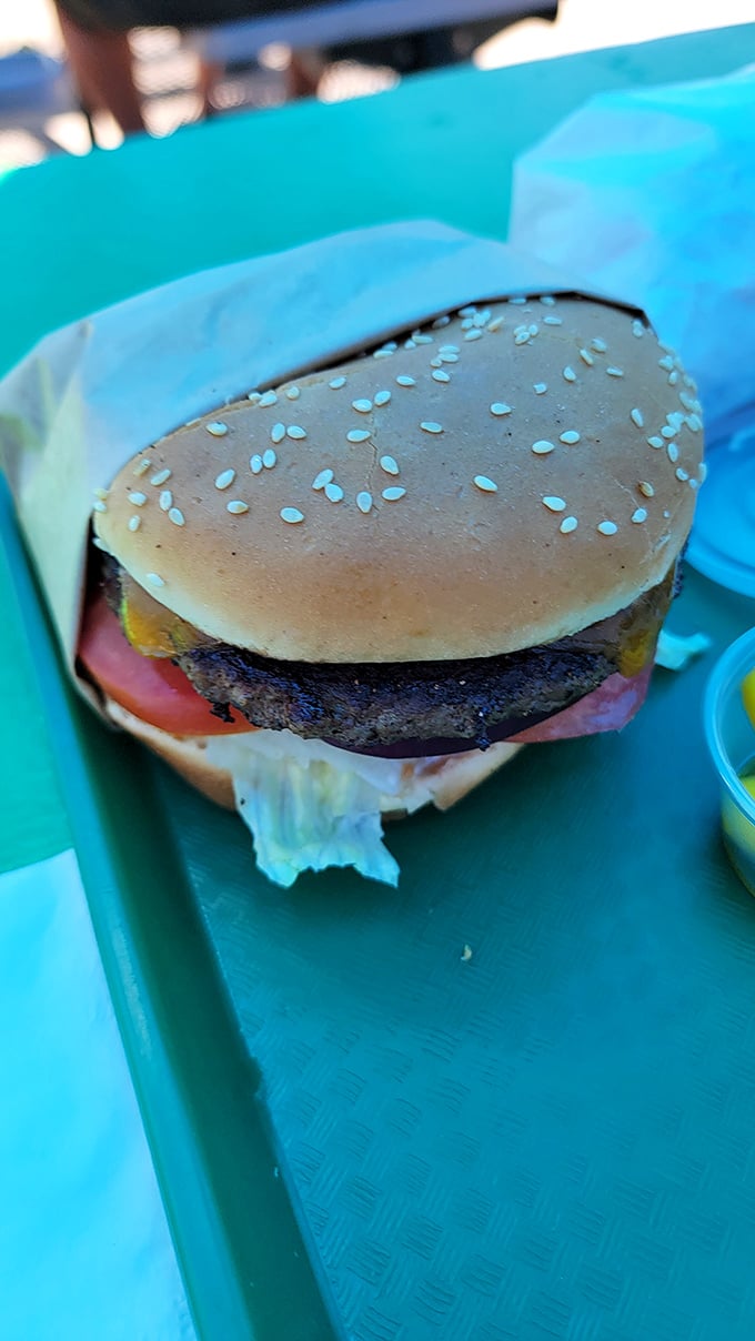 This isn't just any burger—it's the legendary bison patty that's worth a 200-mile detour, nestled in a perfectly toasted bun with all the fixings.