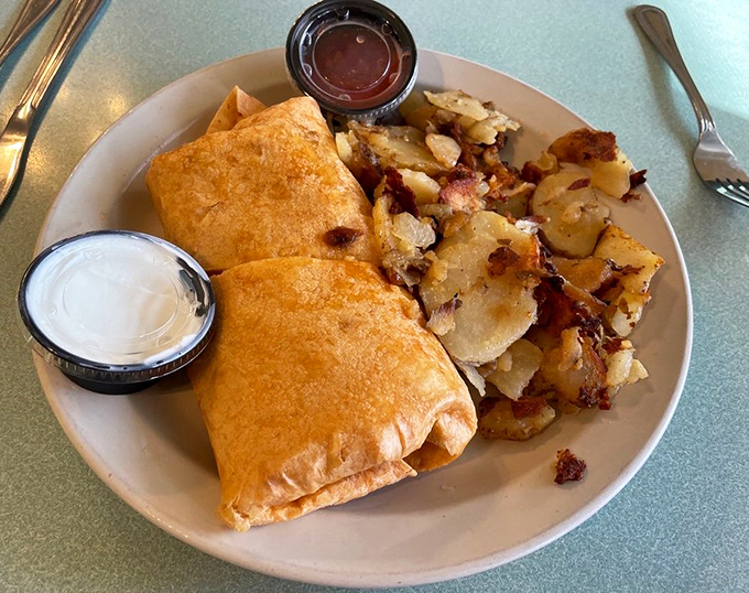 Breakfast burritos that could solve international conflicts if given the chance. Those home fries on the side aren't just a garnish—they're a revelation.