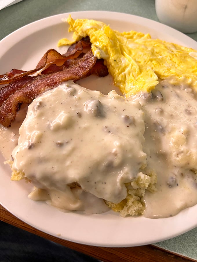 Biscuits drowning in pepper-flecked gravy with eggs and bacon on the side – breakfast nirvana that would make Aunt Bee proud.