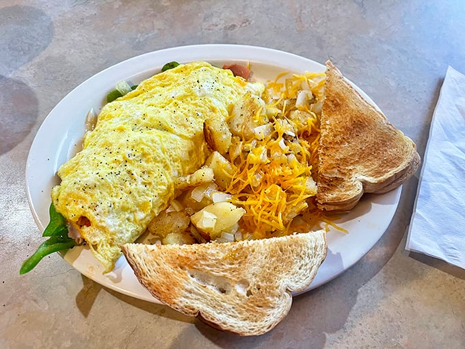 This isn't just an omelet; it's an architectural marvel of eggs, perfectly folded around vibrant fillings with toast standing guard.