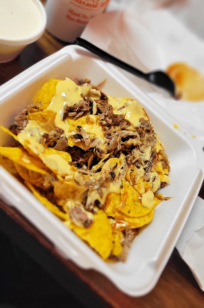 Barbecue nachos that blur the line between appetizer and religious experience. Crispy chips, tender meat, and cheese that doesn't apologize for its indulgence.
