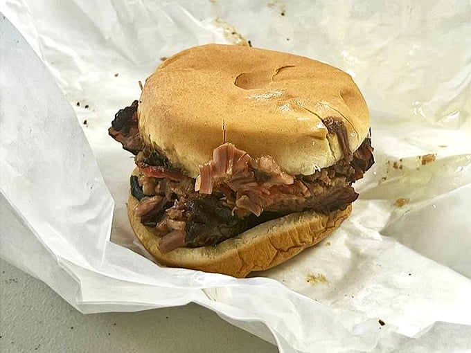 Behold the brisket sandwich in all its glory—tender meat piled high on a soft bun, no fancy frills needed when perfection is this simple.