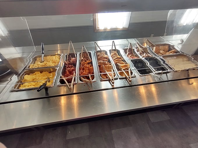 The breakfast buffet lineup—where scrambled eggs and bacon perform the greatest duet since Simon and Garfunkel.