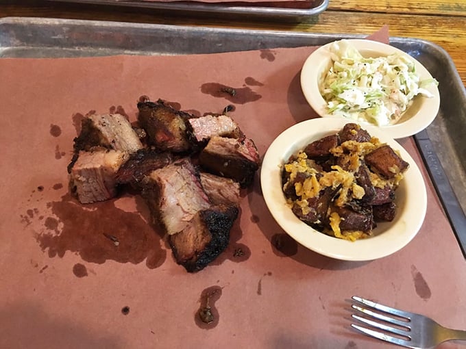 These burnt ends aren't just food—they're edible evidence that patience is a virtue. Each glistening cube represents hours of smoking, resulting in meat candy that melts on contact.