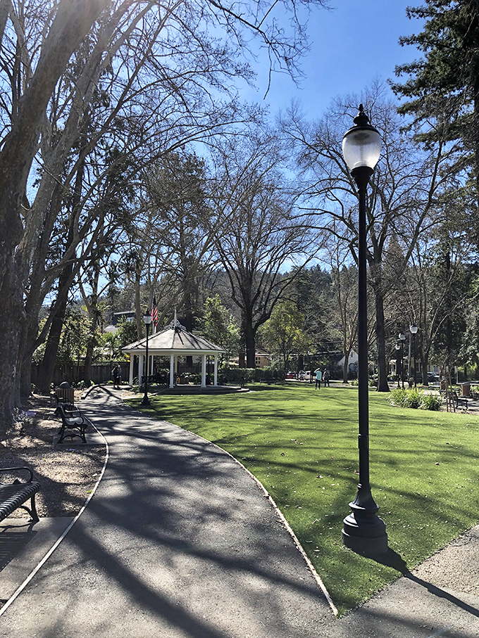 A gazebo stands sentinel in this picture-perfect park, where locals gather for concerts and picnics. Small-town America at its most idyllic.