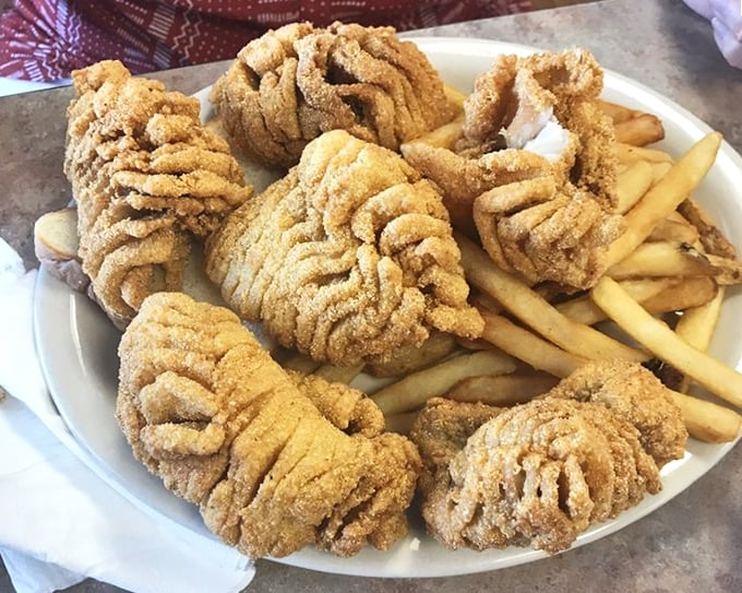 Golden-fried catfish that looks like it's wearing a cornmeal crown – crispy, crunchy, and practically begging to be dunked in tartar sauce.