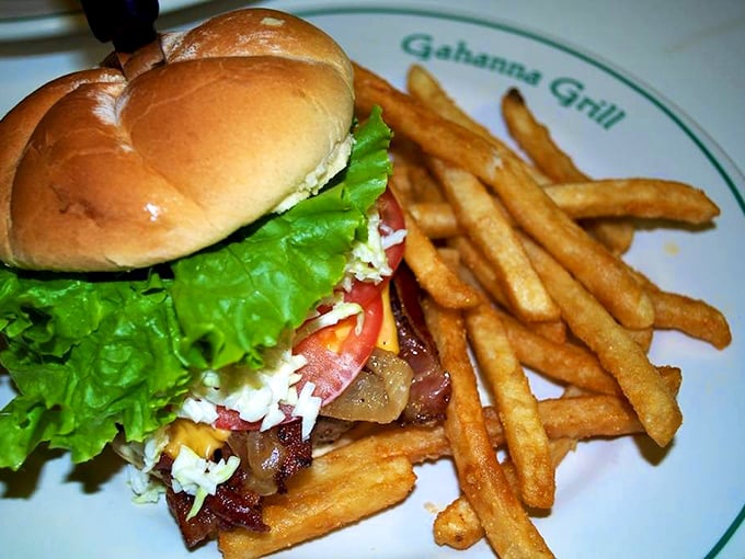 Behold the burger in its natural habitat—perfectly stacked, properly dressed, and escorted by a golden honor guard of crispy fries.