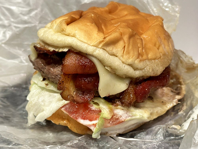 The bacon cheeseburger doesn't need Instagram filters—it's the real deal, with melty cheese cascading over crisp bacon like a dairy waterfall.