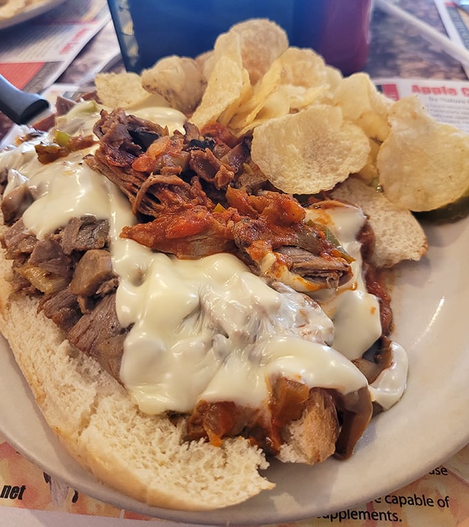 Behold the cheesesteak that launches a thousand road trips – perfectly melted cheese cascading over tender beef.