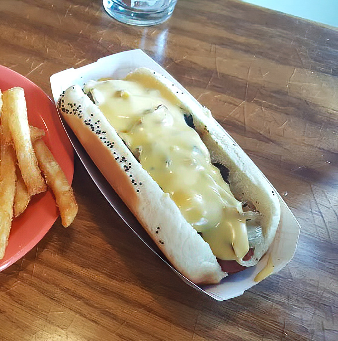 This isn't just a hot dog – it's a masterpiece of melted cheese cascading over savory meat. The kind of food that makes you temporarily forget your table manners.