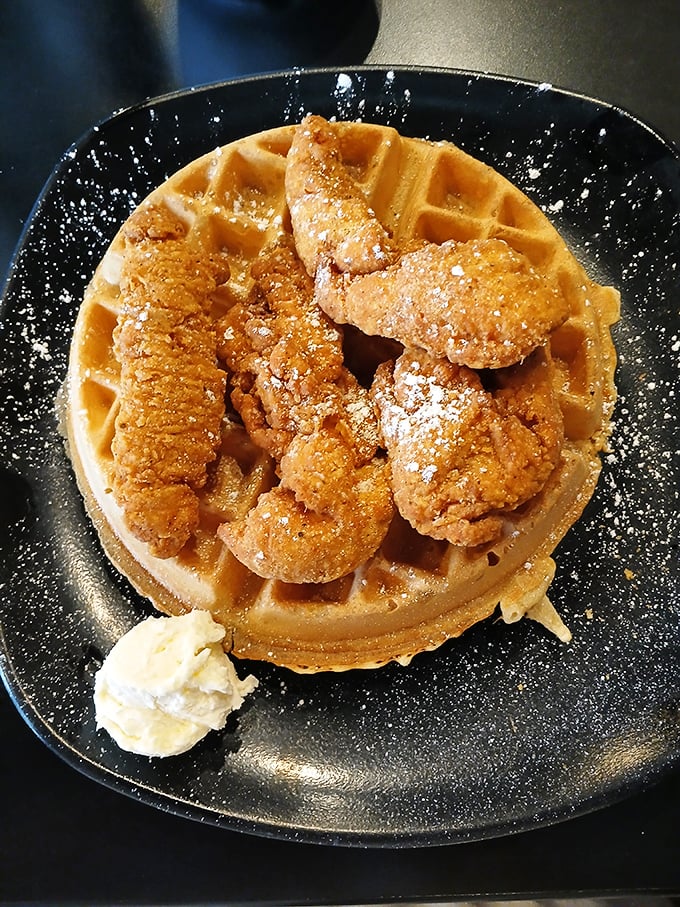 The chicken and waffle plate isn't just a meal, it's a masterclass in contrast—crispy, savory chicken meets sweet, fluffy waffle in perfect harmony.