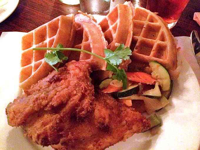 Behold the holy matrimony of crispy fried chicken and Belgian waffles—a union so perfect it deserves its own anniversary celebration.