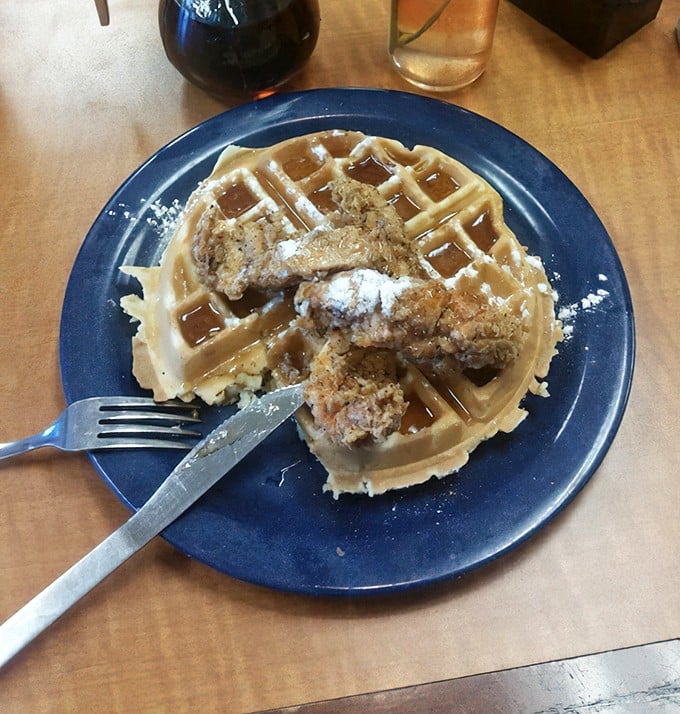 The holy matrimony of crispy fried chicken and fluffy Belgian waffle—a breakfast union that should never be torn asunder.