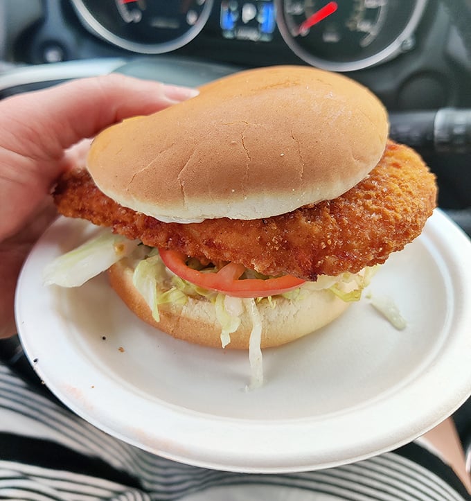 The star of the show: a perfectly golden fried chicken sandwich that makes modern fast-food versions look like they're not even trying. 
